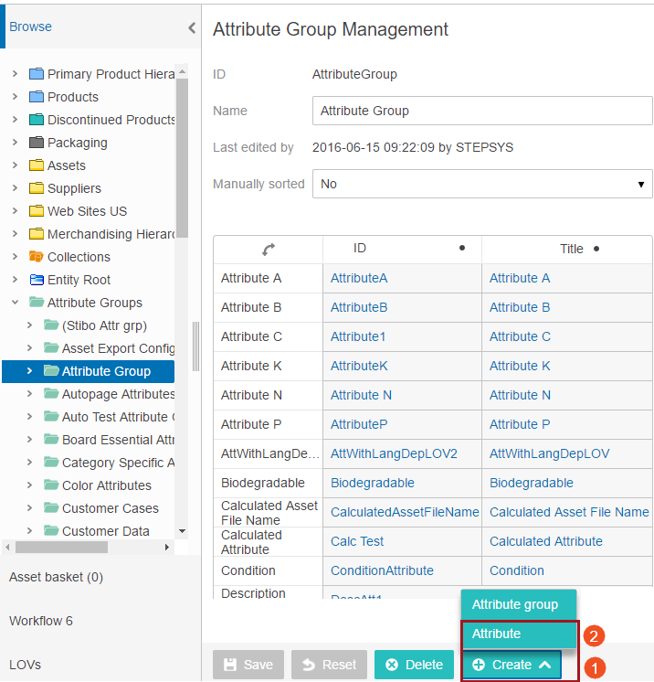 Attribute Group Management Screen