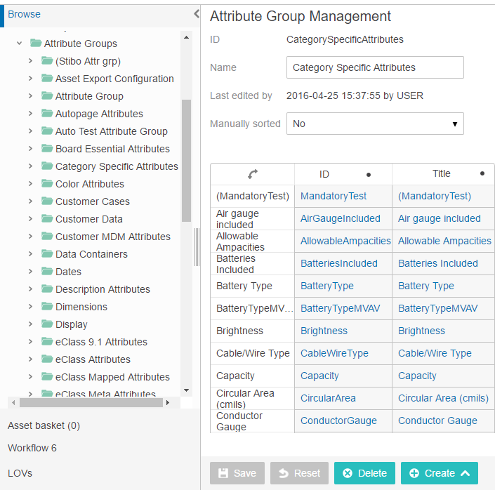 Attribute Group Management Screen