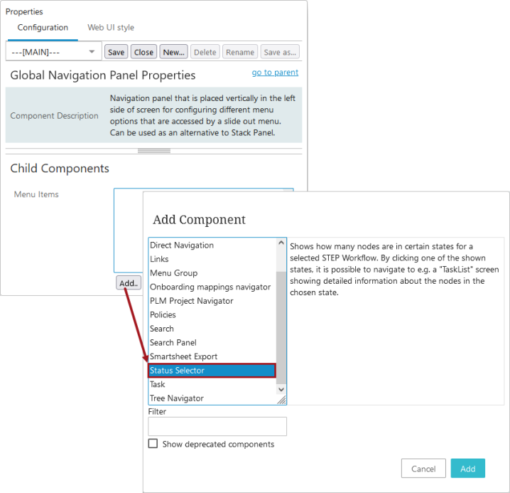 Status Selector in the Global Navigation Panel