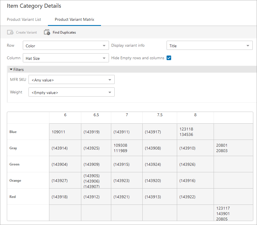 Product Variants Matrix in Web UI