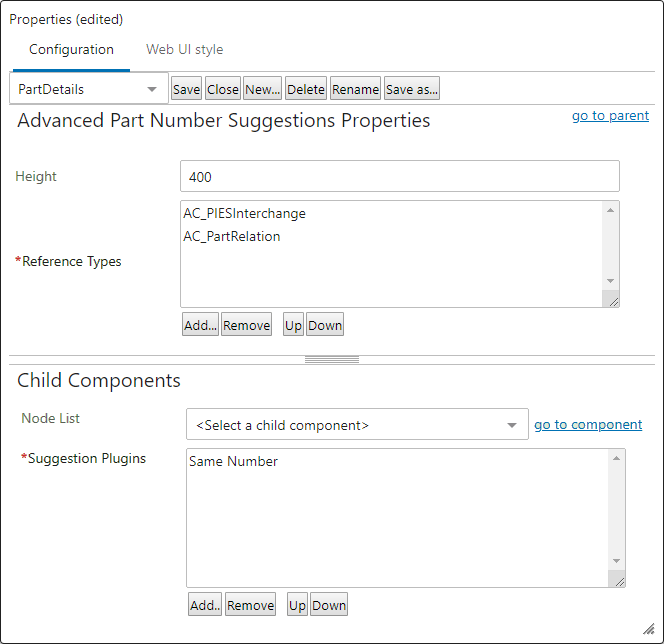 Configuring the Advanced Part Number Suggestions Component