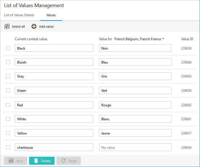 List of Values Management Screen